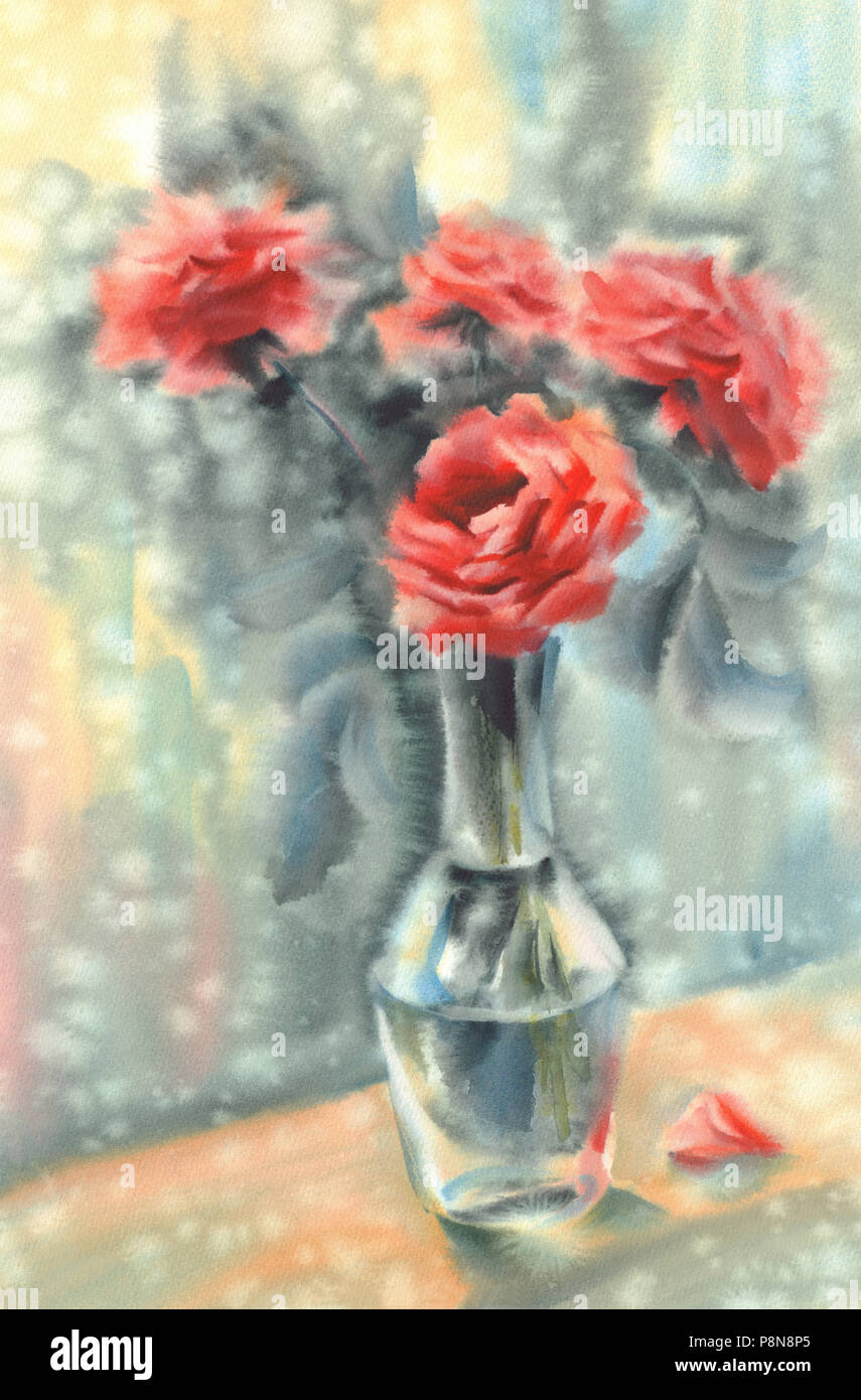 red roses in a glass vase watercolor Stock Photo - Alamy