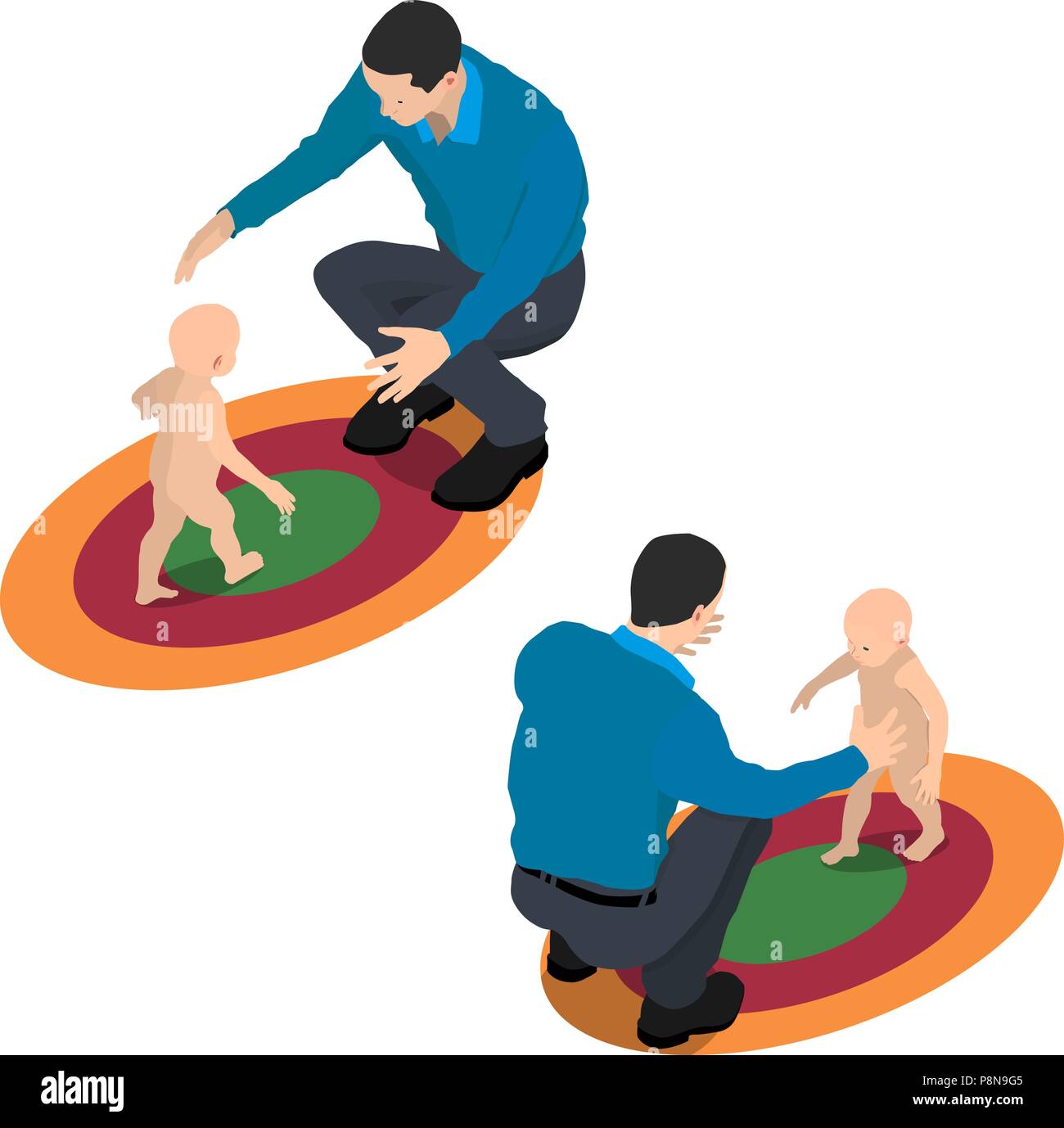 The father is watching a child.. The child takes the first steps in his ...