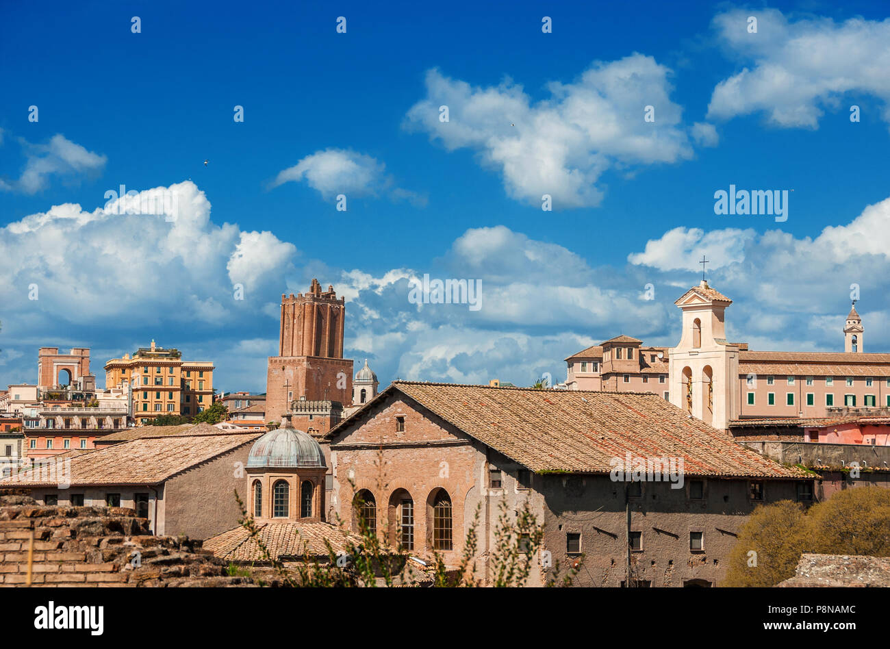 Rome historic center old skyline above Imperial Fora with medieval ...