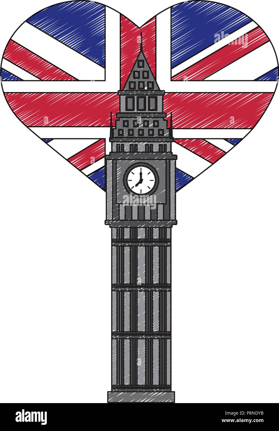 big ben tower british with flag of great britain in heart shape vector ...