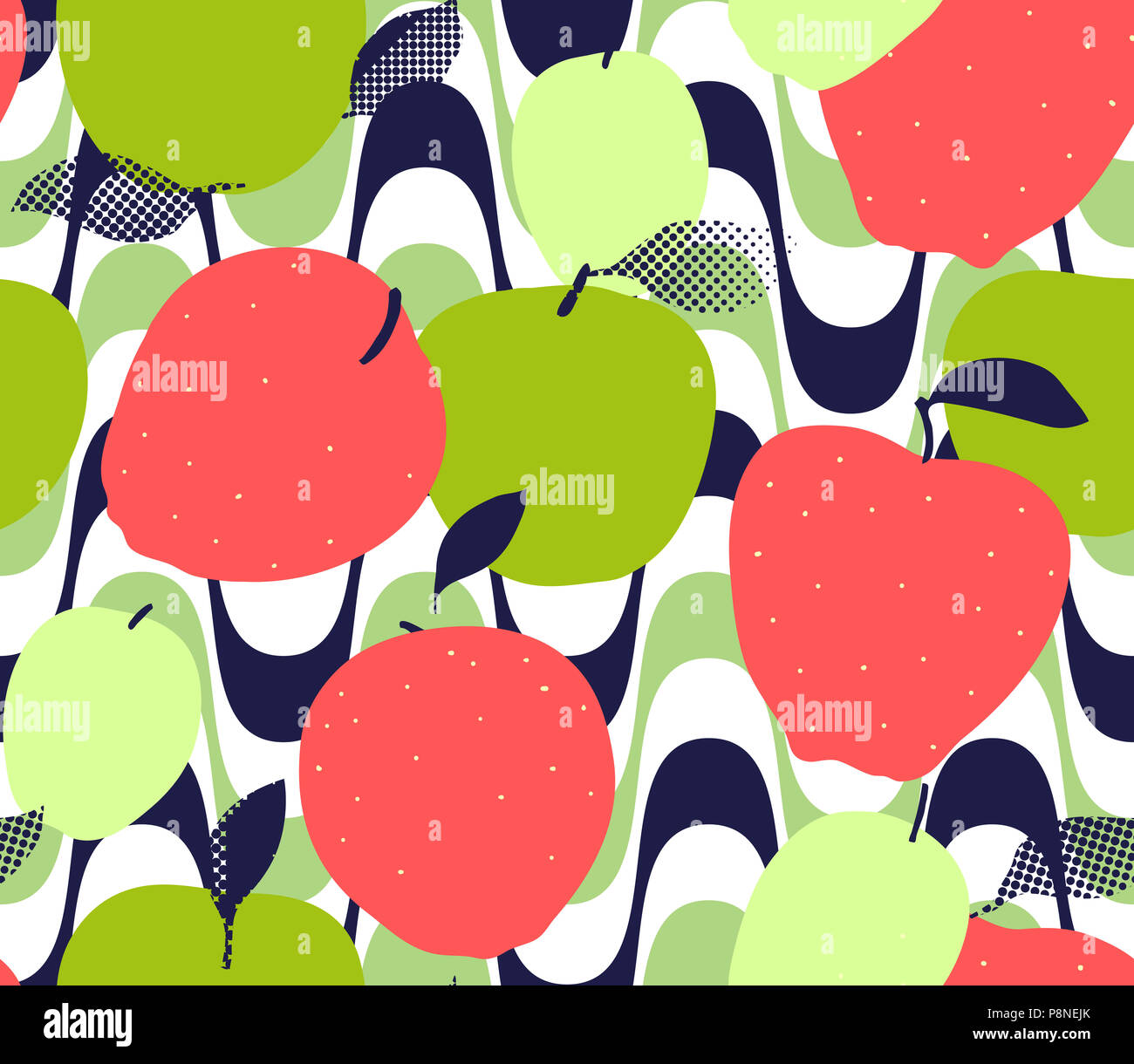 Apple fruits seamless pattern. Red, green and golden apples with leaves ...