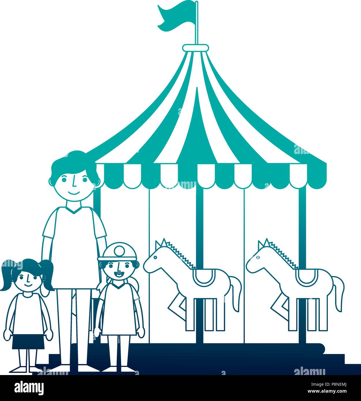 family dad with her son and daughter in carousel fair vector ...