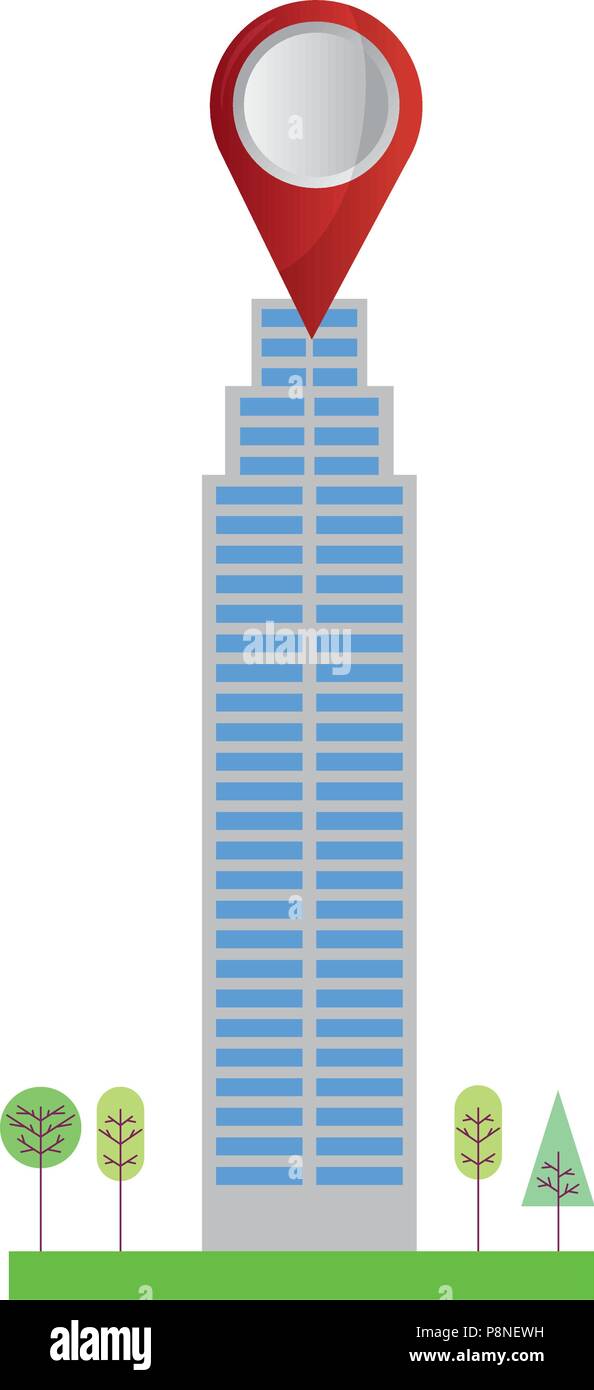 building structure with pin location and trees plants vector ...