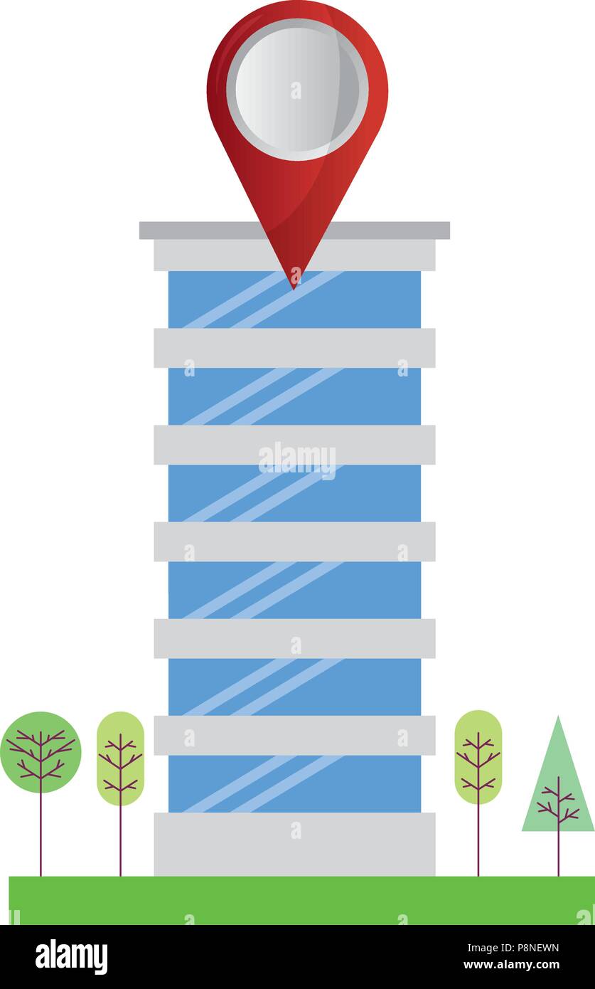 building structure with pin location and trees plants vector ...