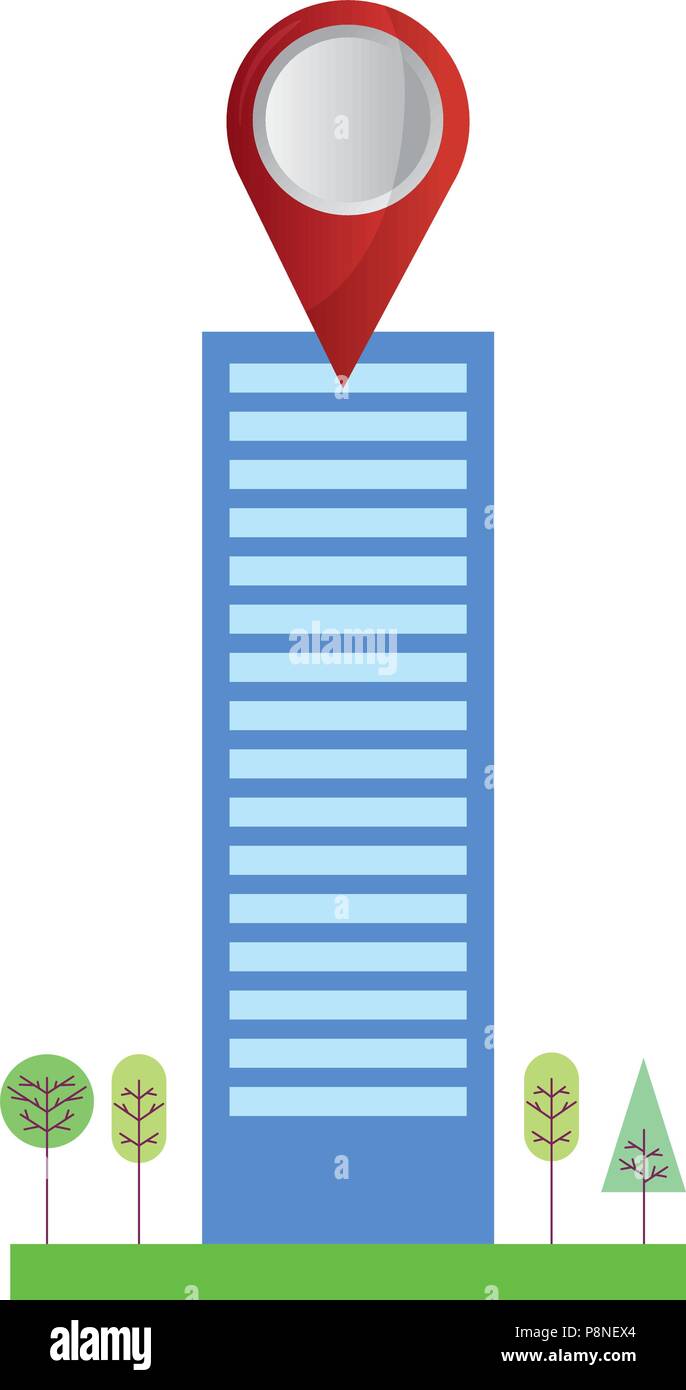 building structure with pin location and trees plants vector ...