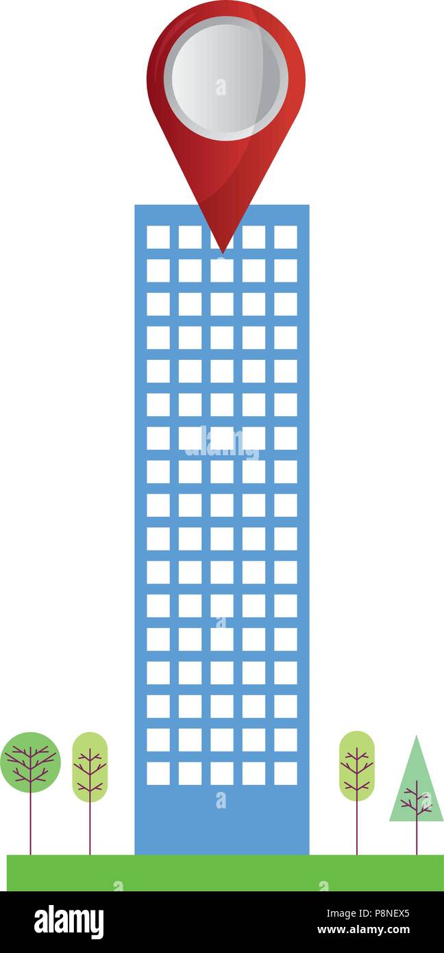 building structure with pin location and trees plants vector ...