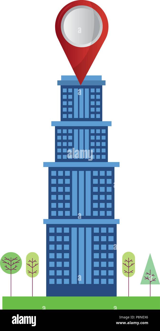 building structure with pin location and trees plants vector ...