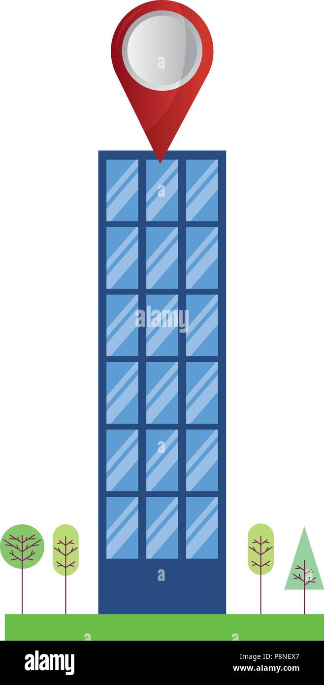 building structure with pin location and trees plants vector ...