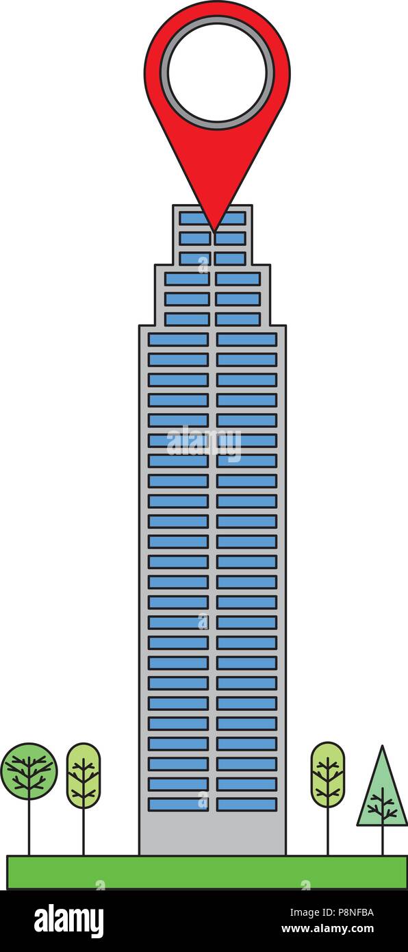 building structure with pin location and trees plants vector ...