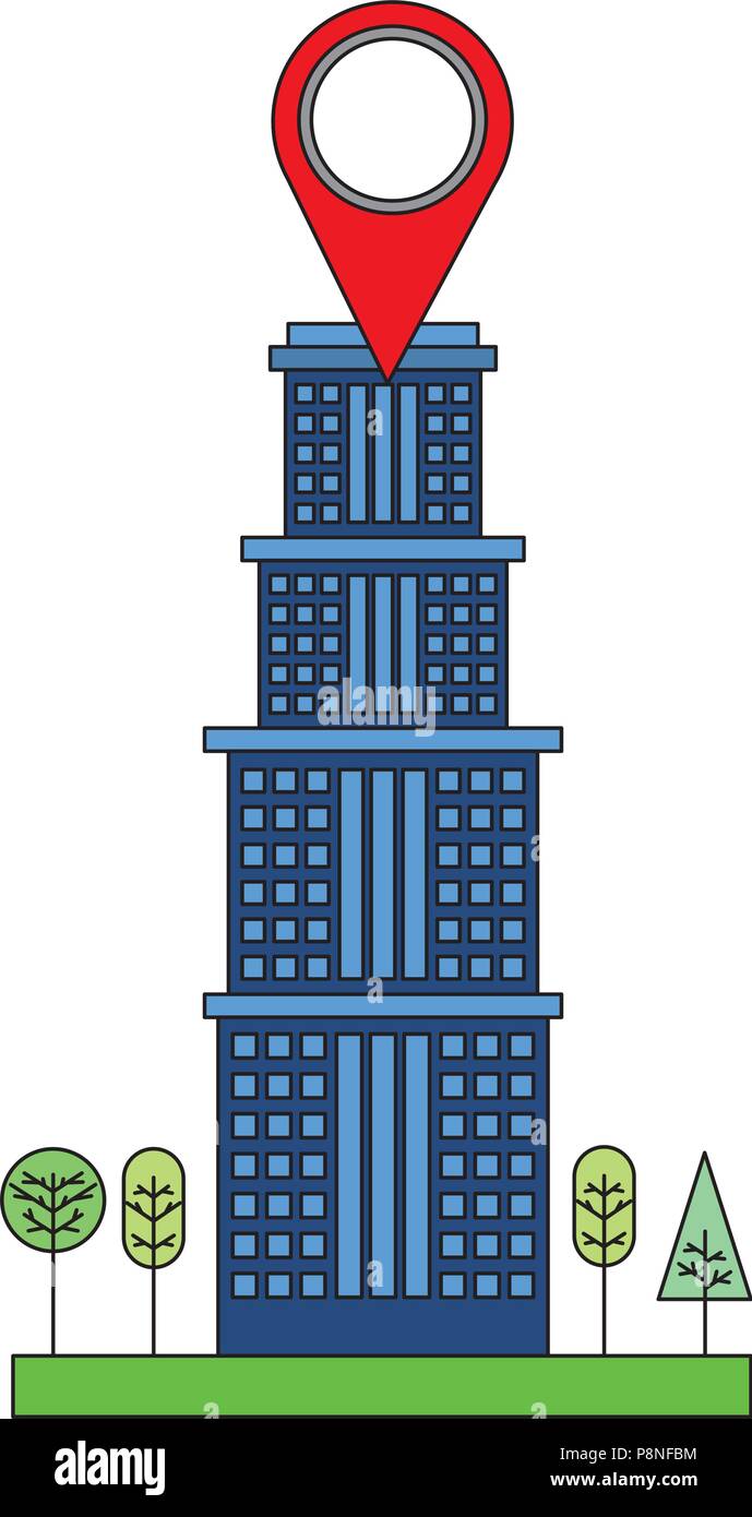 building structure with pin location and trees plants vector ...