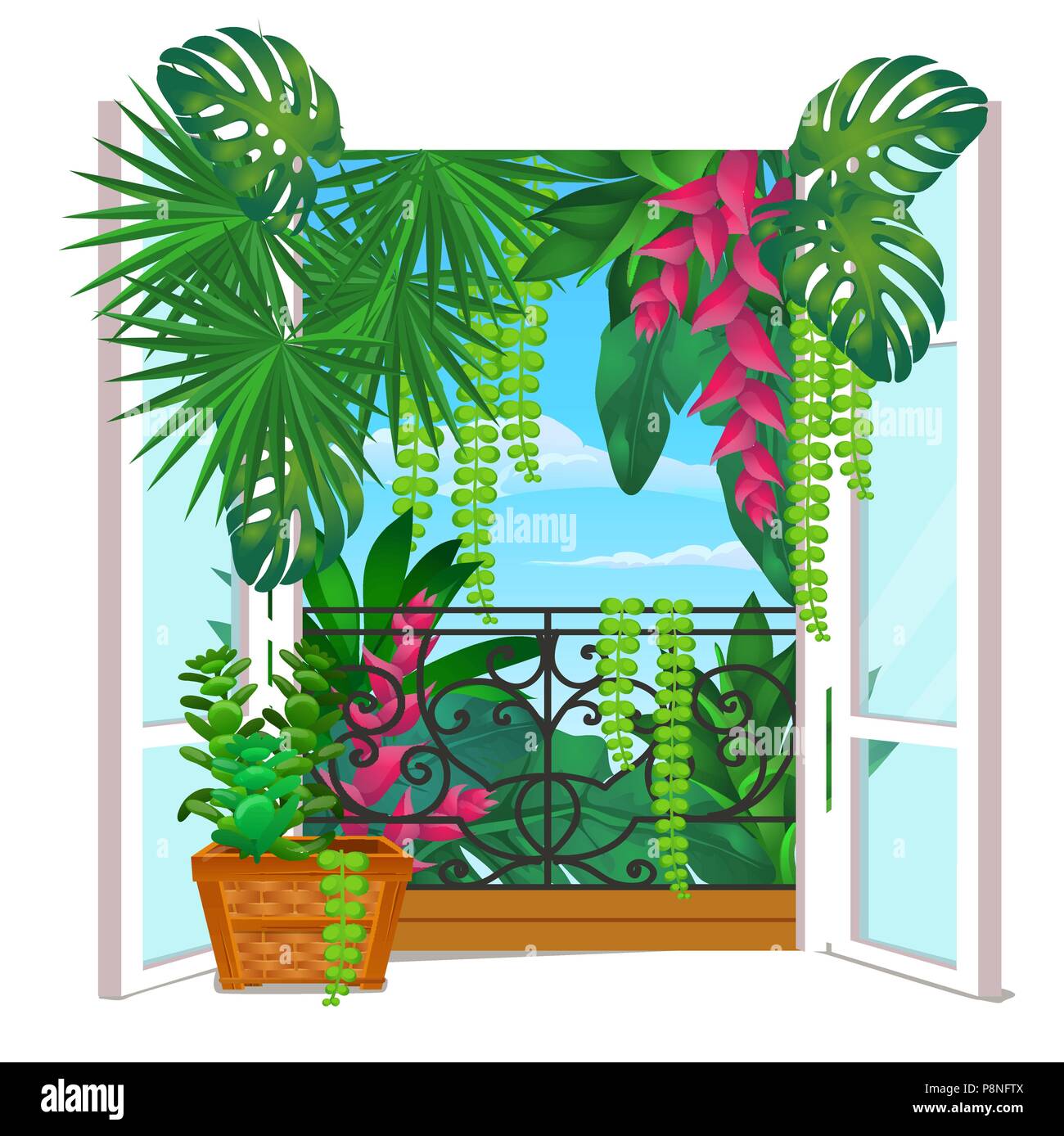 Vintage wooden window with potted flowers on the windowsill isolated on ...