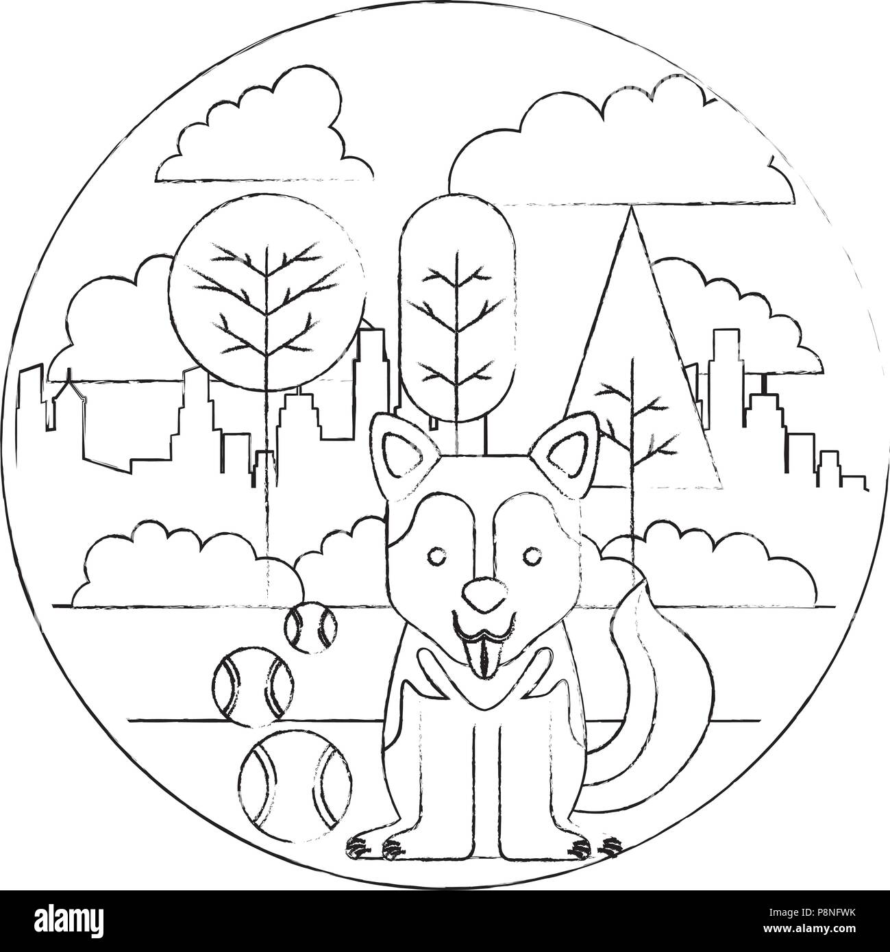 pet dog with balls in the park city vector illustration sketch Stock ...