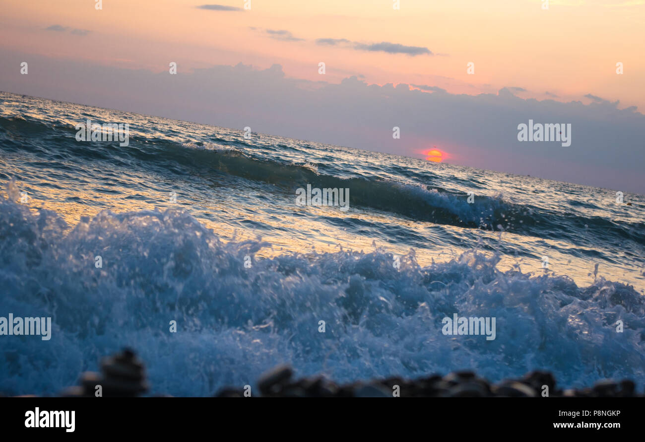 Summer sea sunset, the sun, waves and clouds, beautiful dramatic ...