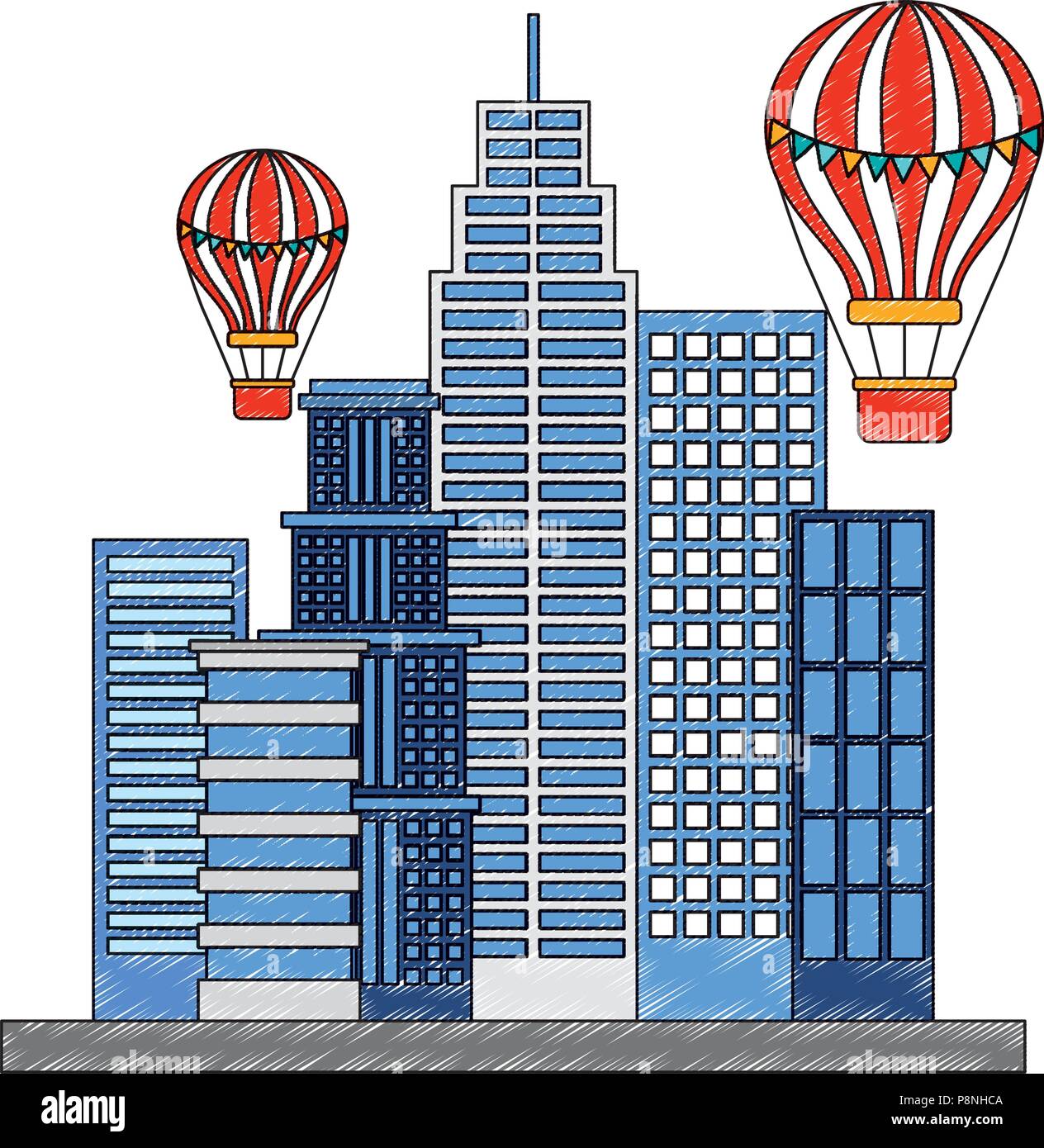 city building flying hot air balloons vector illustration Stock Vector ...