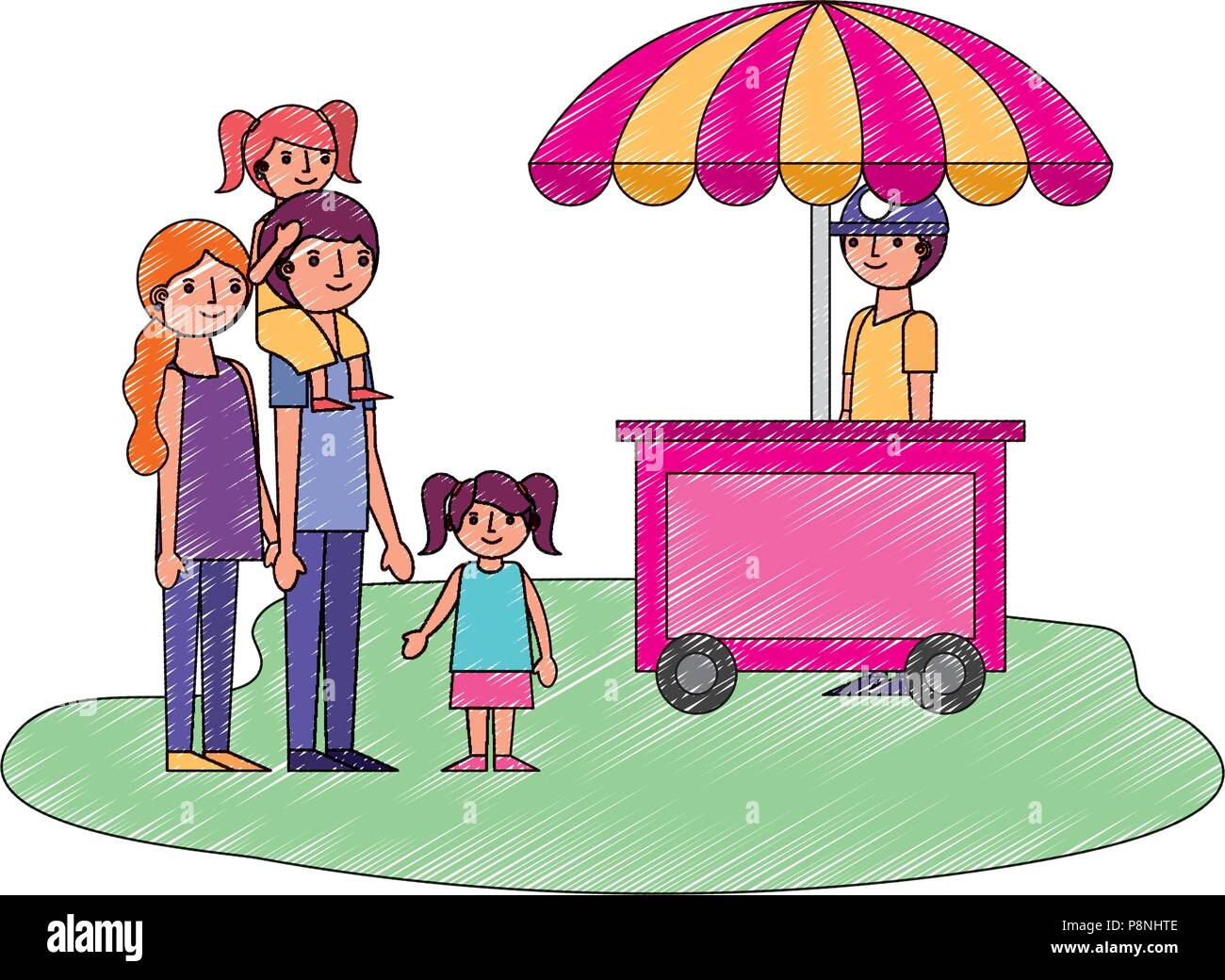 happy family dad mom and daughters with booth seller vector ...