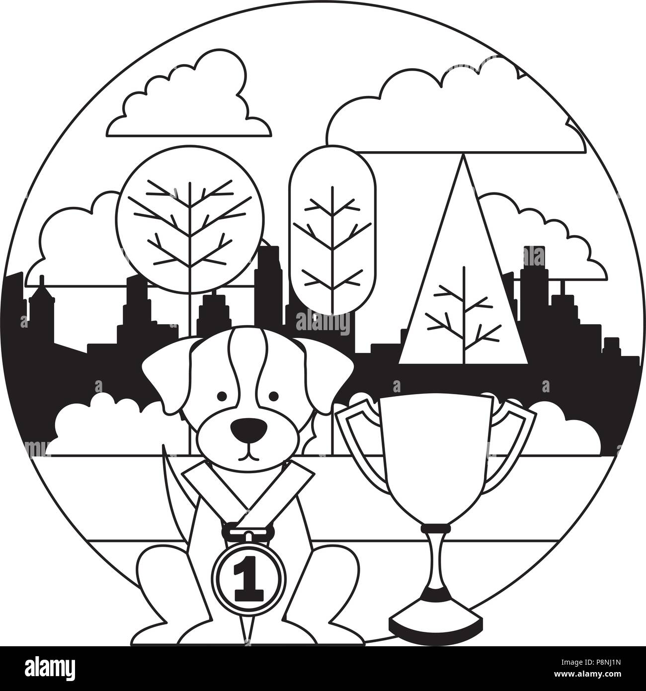 dog puppy mascot with medal and trophy in landscape vector illustration ...