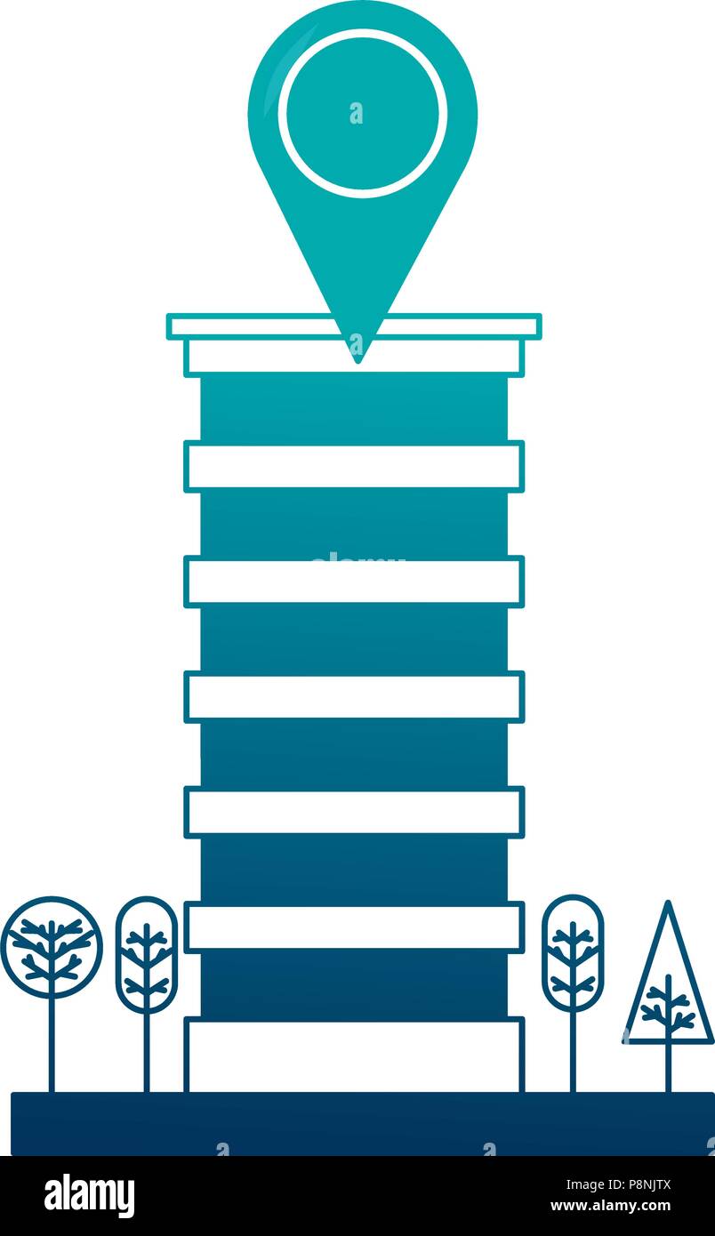 building structure with pin location and trees plants vector ...