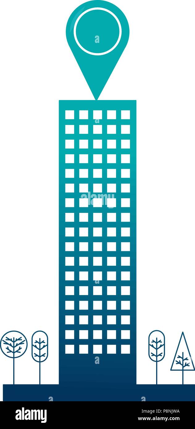 building structure with pin location and trees plants vector ...
