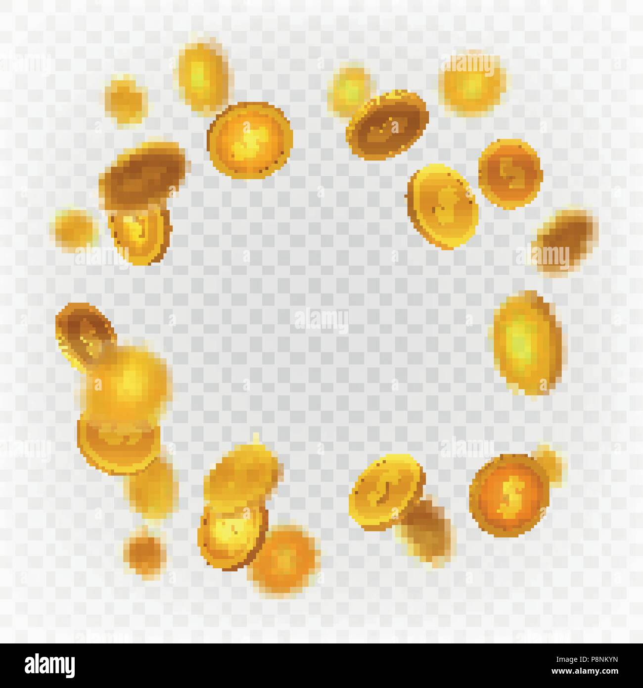 Stock vector illustration defocused realistic falling gold coins. Rain ...