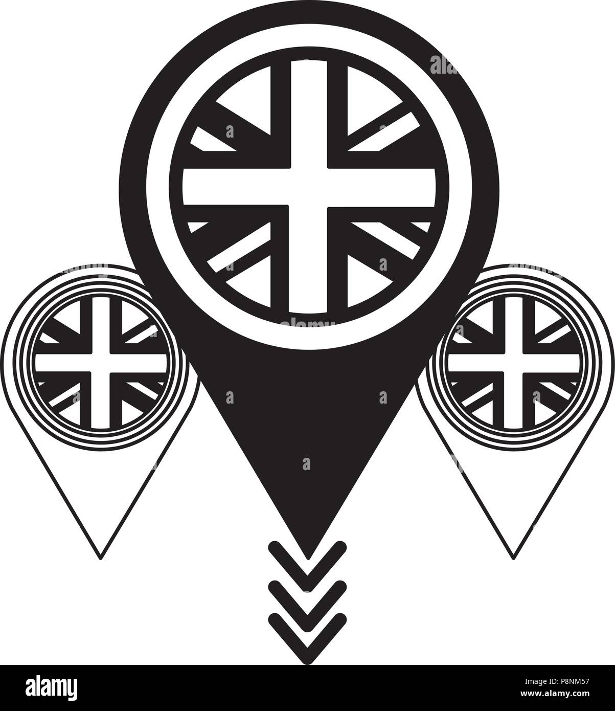 united kingdom flag in pointers map location vector illustration black ...