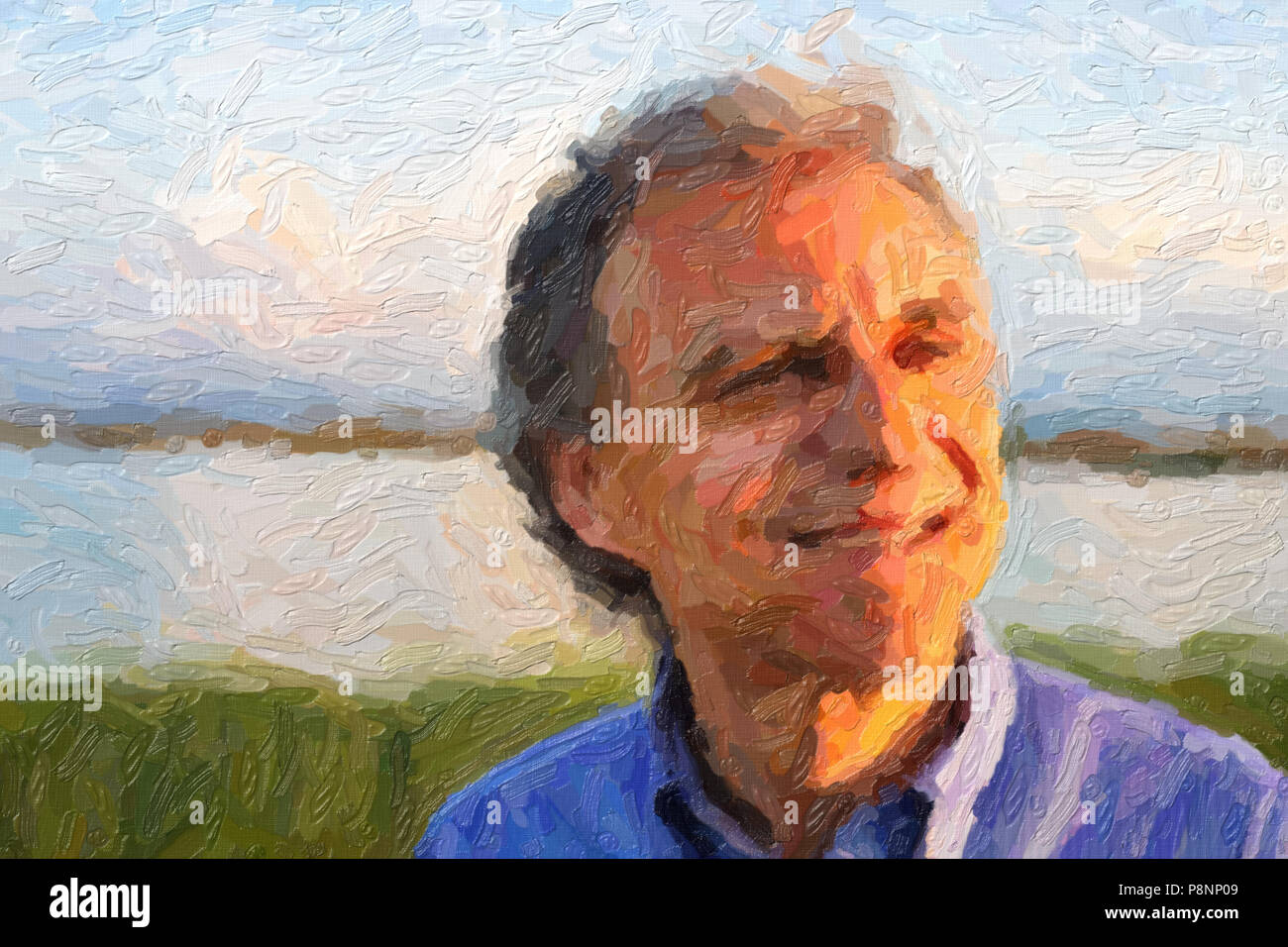 illustration of mature man with tanned and aged sagging skin with ...