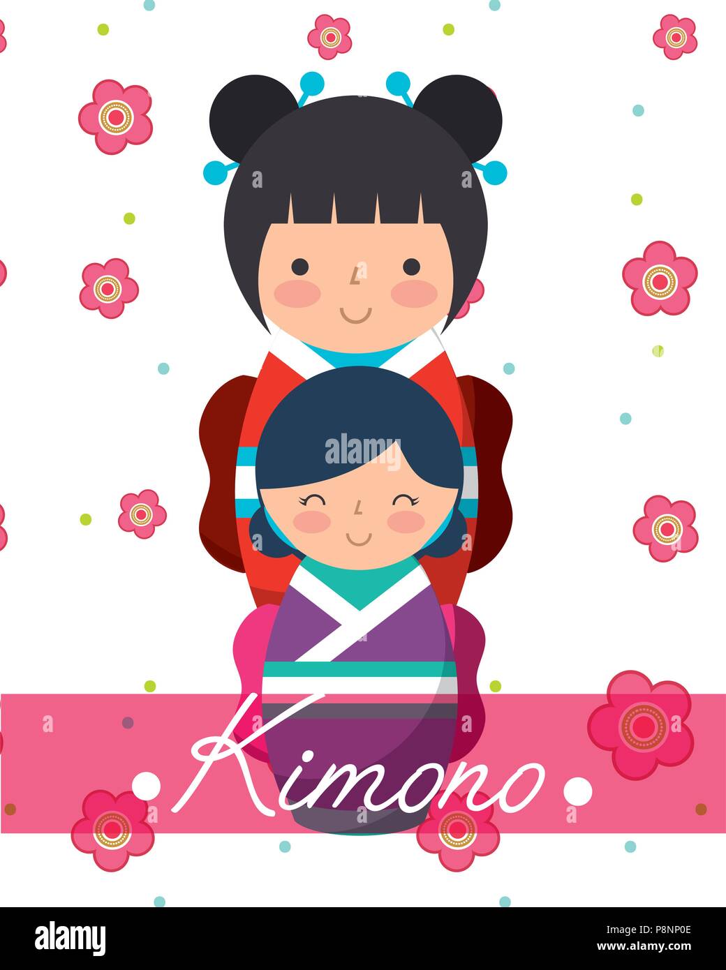 japanese kokeshi dolls kimono cute flowers vector illustration Stock ...