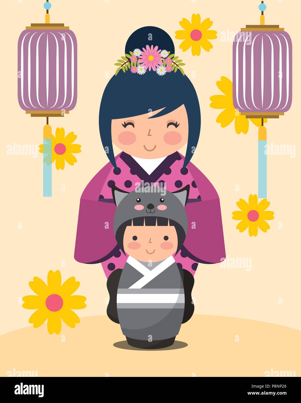 japanese kokeshi dolls kimono flowers lanterns vector illustration ...