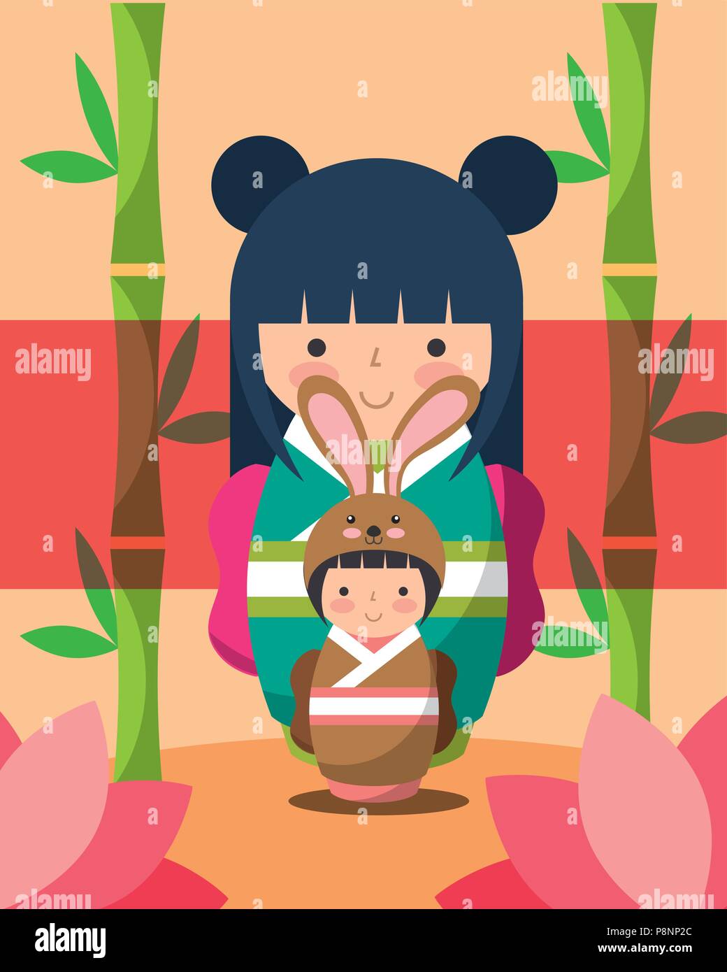 japanese kokeshi dolls kimono costume flowers vector illustration Stock ...