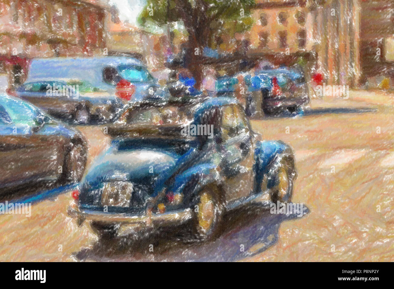 illustration of vintage car in square Stock Photo - Alamy