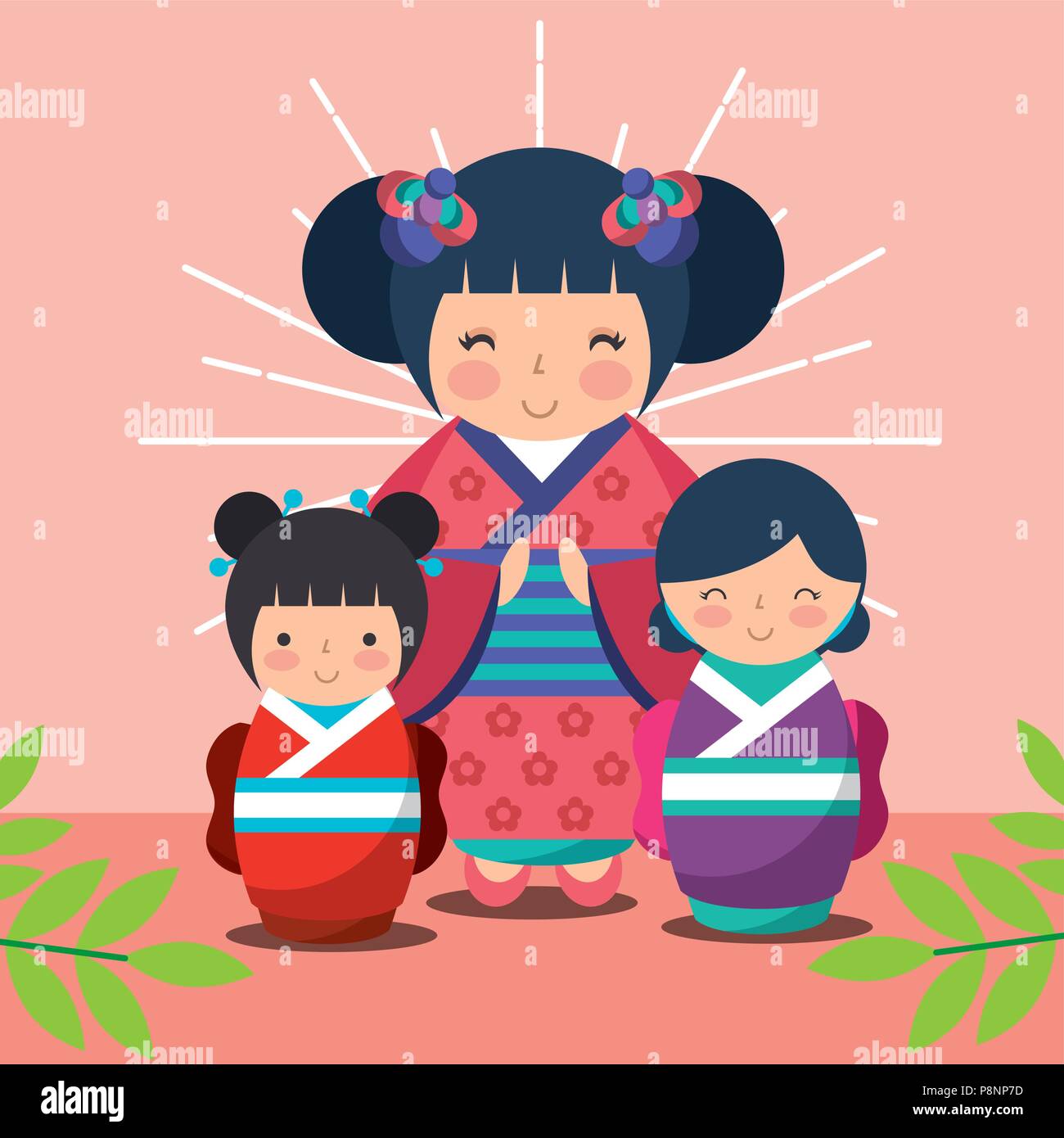 japanese kokeshi dolls kimono plants sunburst grunge style vector ...