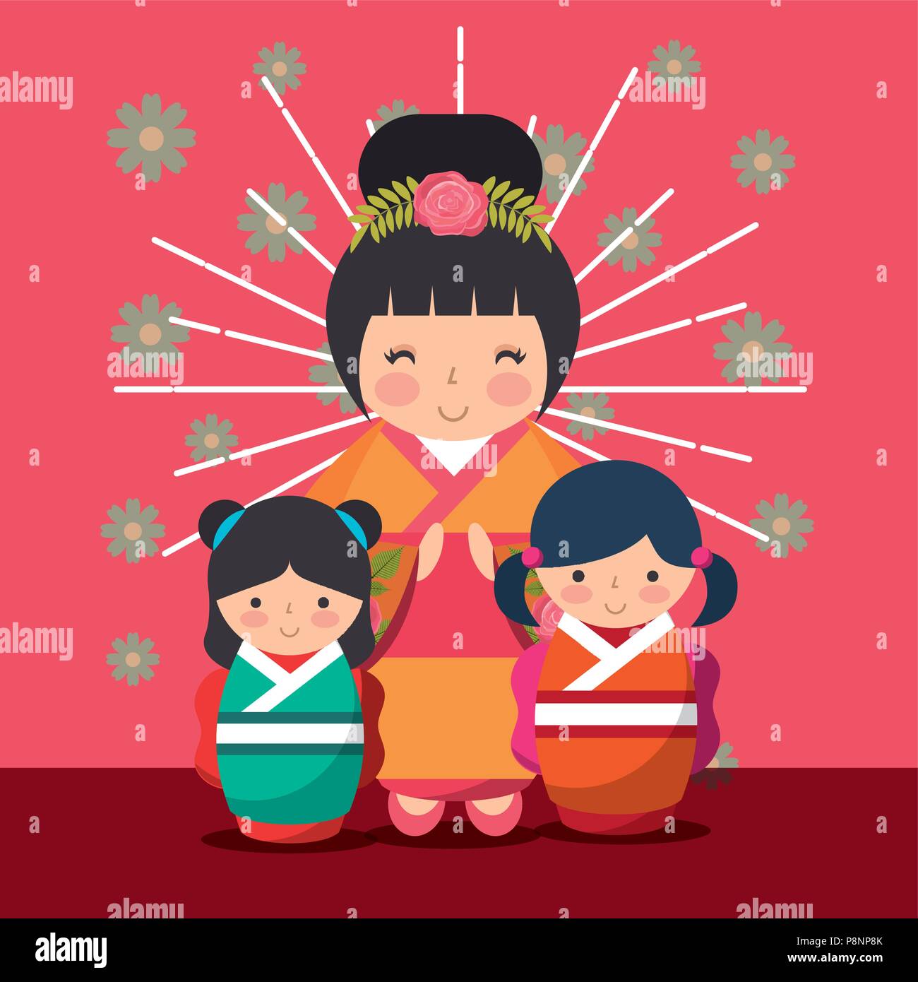 japanese kokeshi dolls kimono cute sunburst grunge style flowers vector ...
