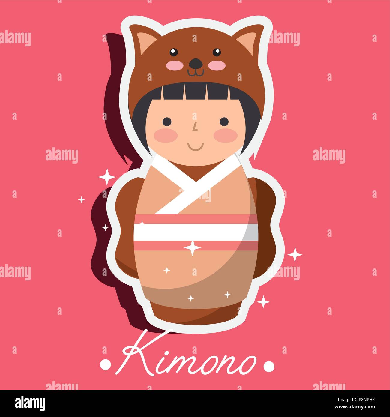 japanese kokeshi doll kimono sparkly cute fox dress vector illustration ...