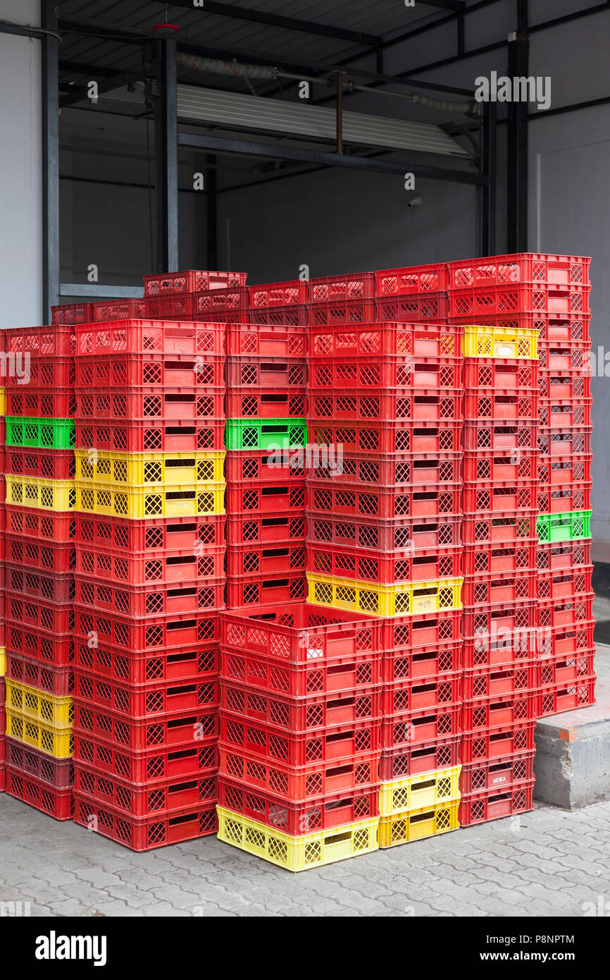 empty plastic crates, stacked in a pile Stock Photo - Alamy