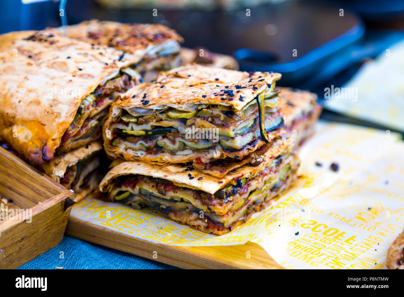 Roasted vegetable filo pastry at the Greenwich food market, London, UK ...