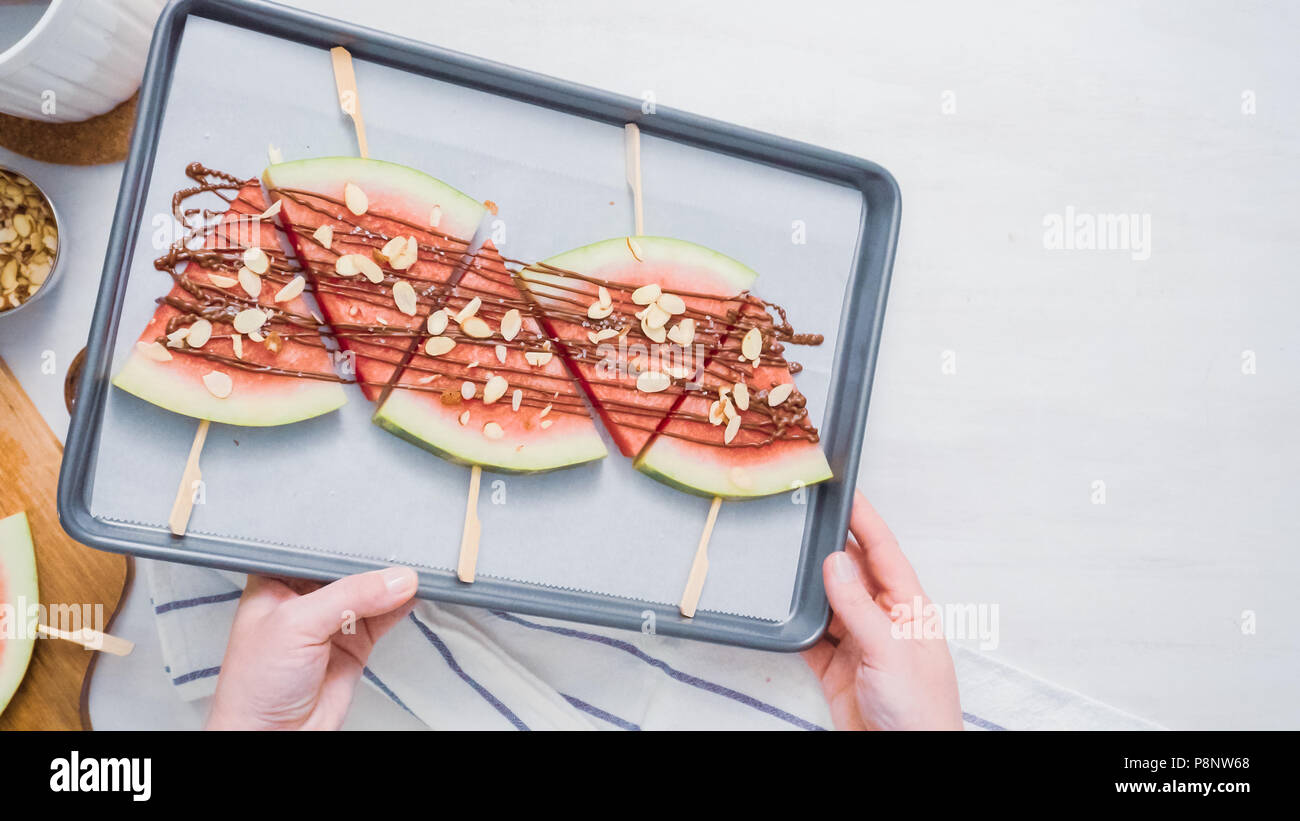 Step by step. Watermelon wedges garnished with chocolate and sea salt ...