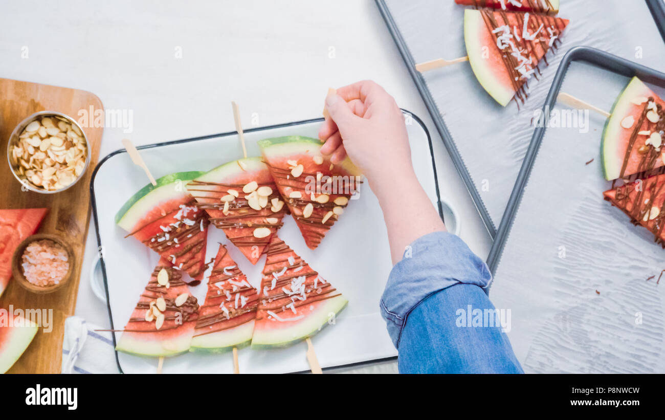 Step by step. Watermelon wedges garnished with chocolate and sea salt ...