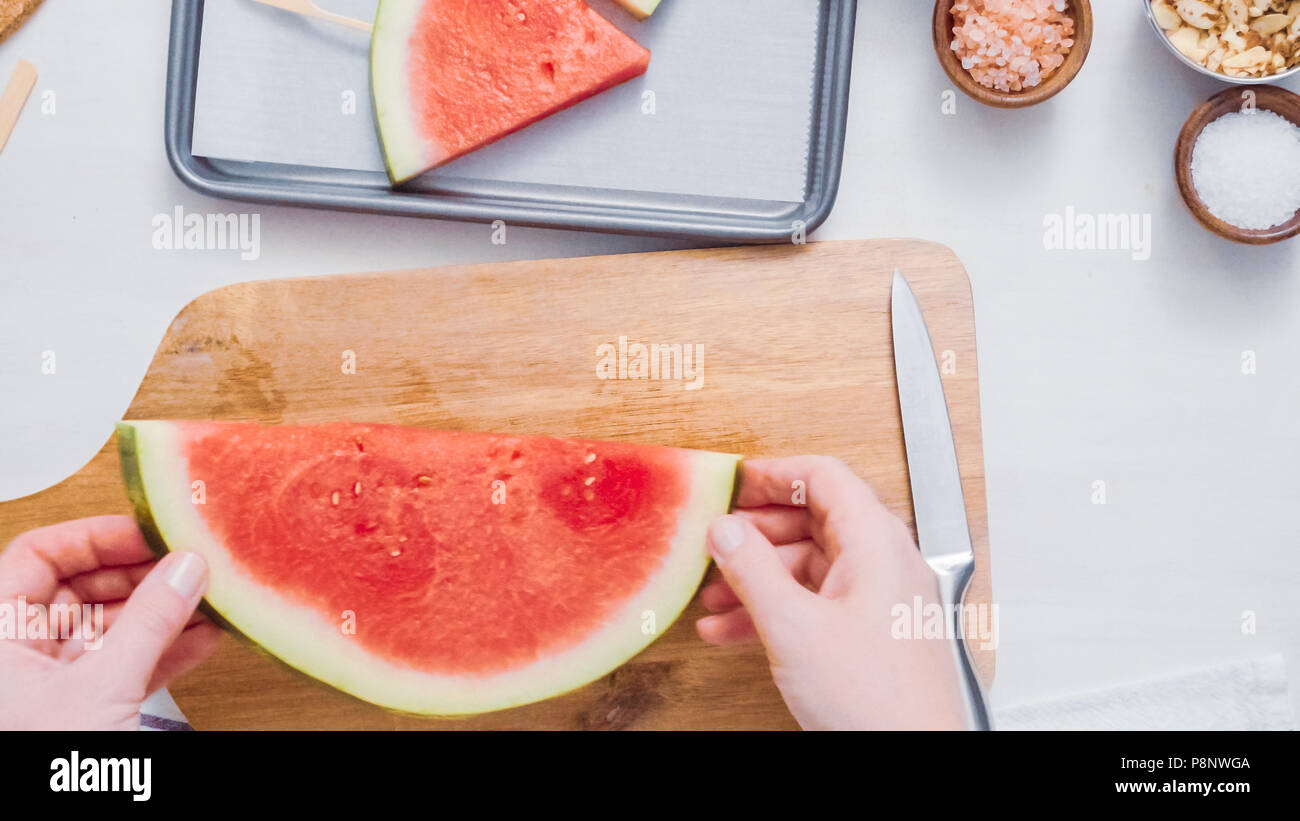 Step by step. Slicing watermelon into wadges to make watermelon ice ...