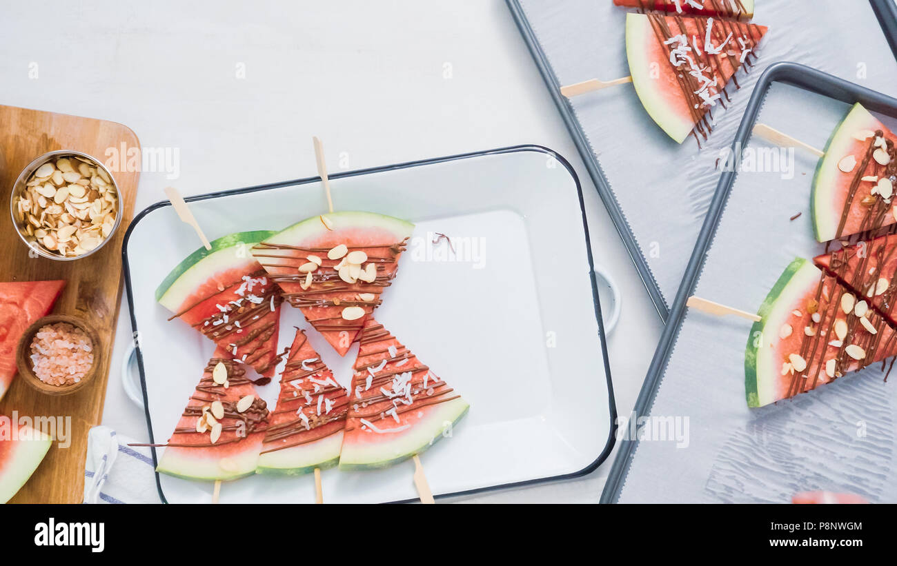 Step by step. Watermelon wedges garnished with chocolate and sea salt ...