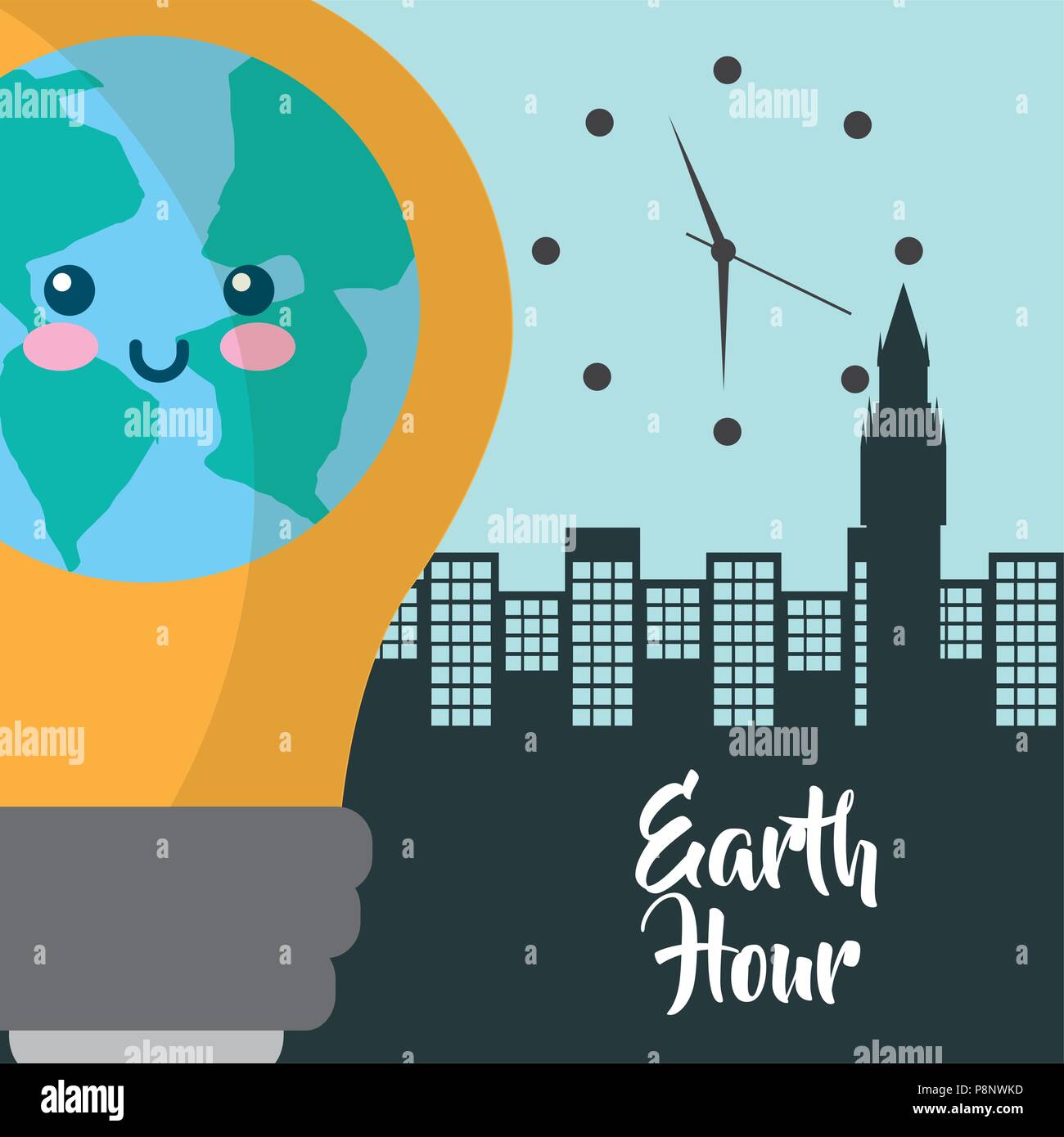earth hour planet world in bulb light clock city vector illustration ...