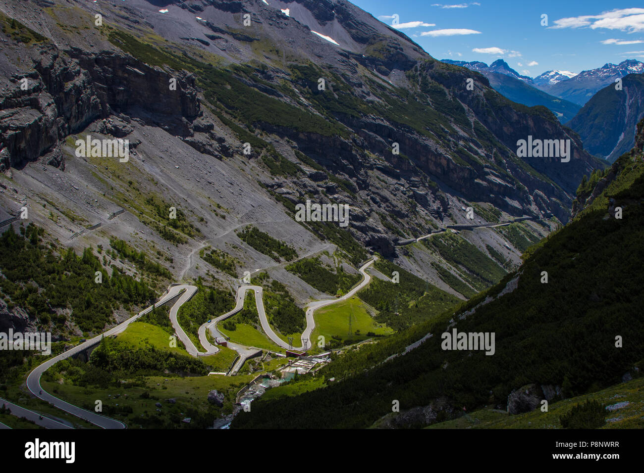 The switchback road that makes the initial climb towards Stelvio Passo ...