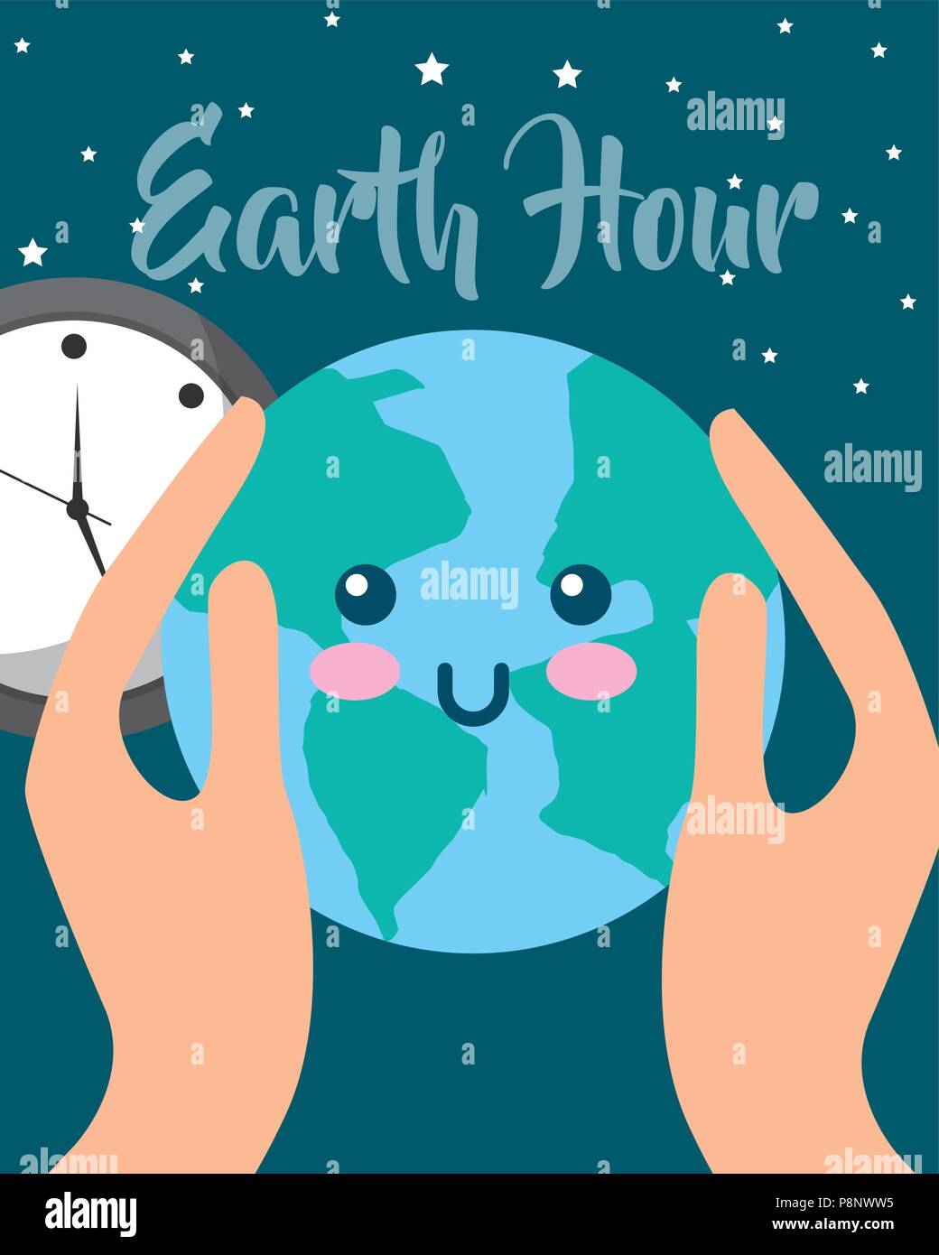 hands holding cartoon planet and clock earth hour vector illustration ...
