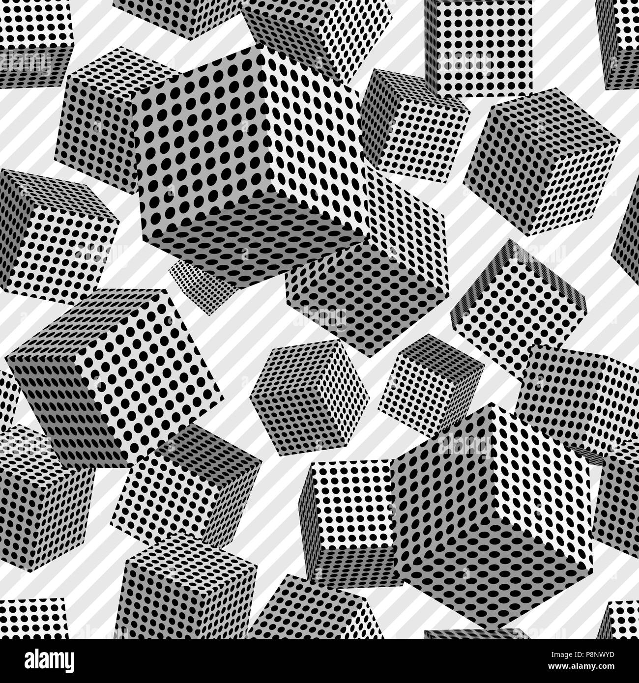 seamless cubes, squares, points, black circles, 3d, white, halftone ...