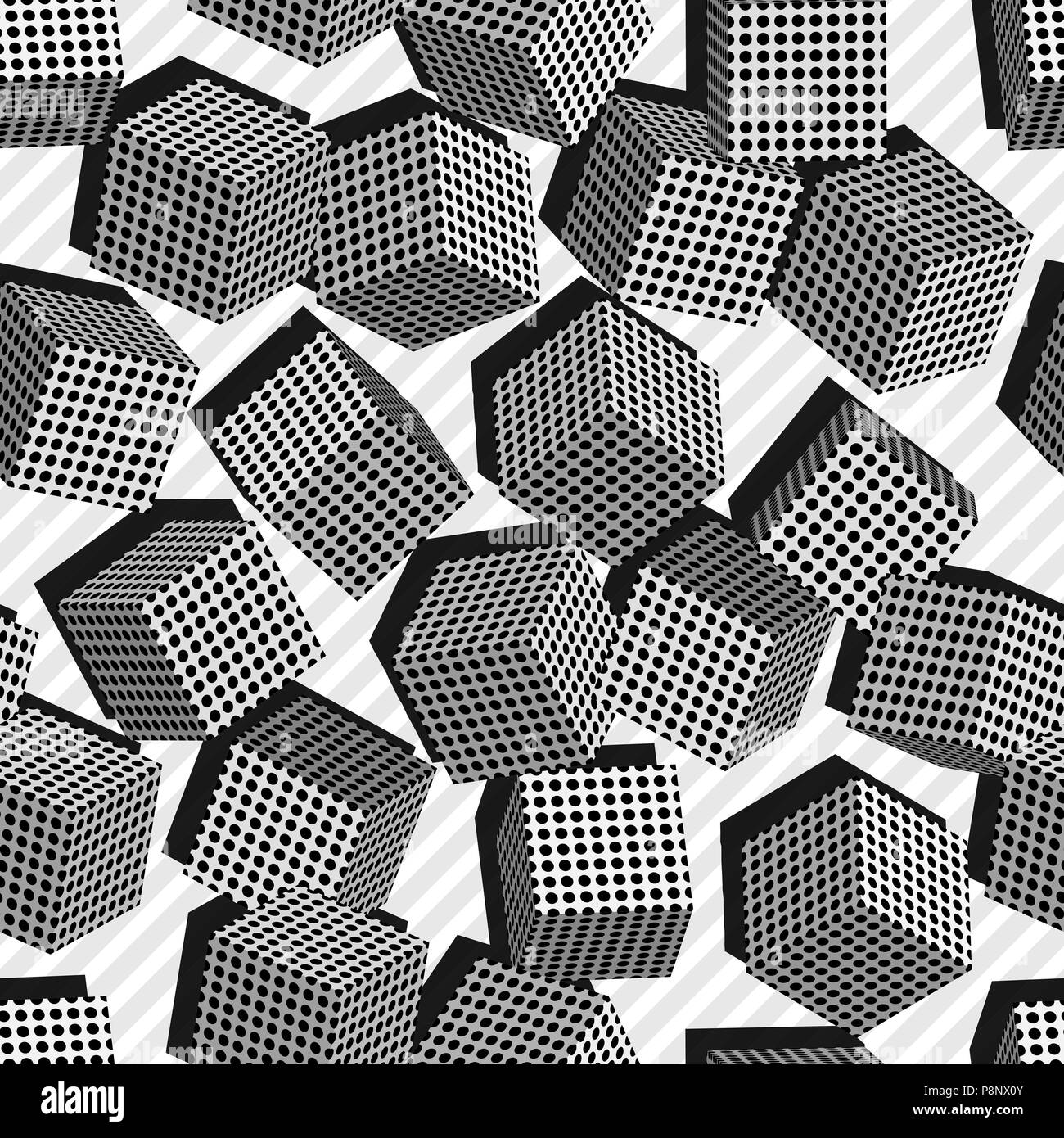 seamless cubes, squares, points, black circles, 3d, white, halftone ...