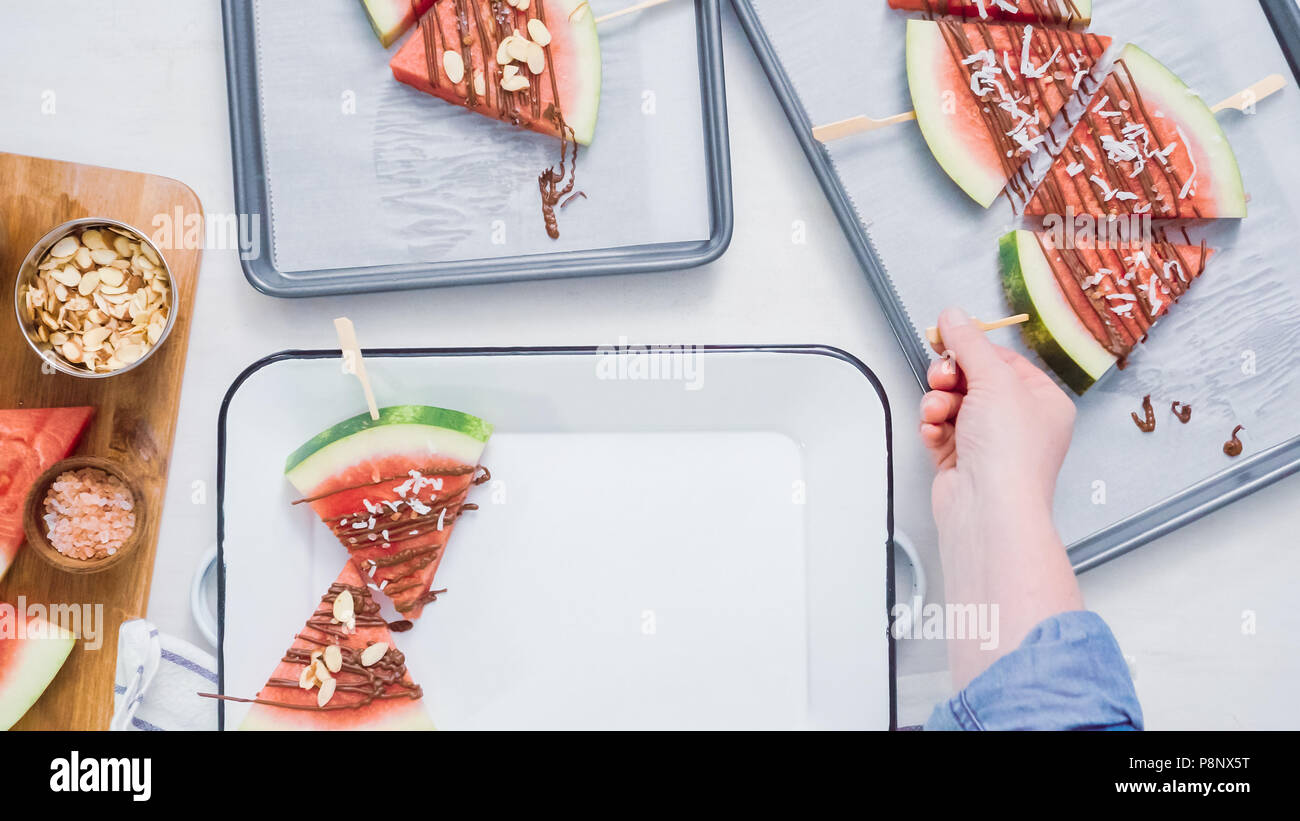 Step by step. Watermelon wedges garnished with chocolate and sea salt ...