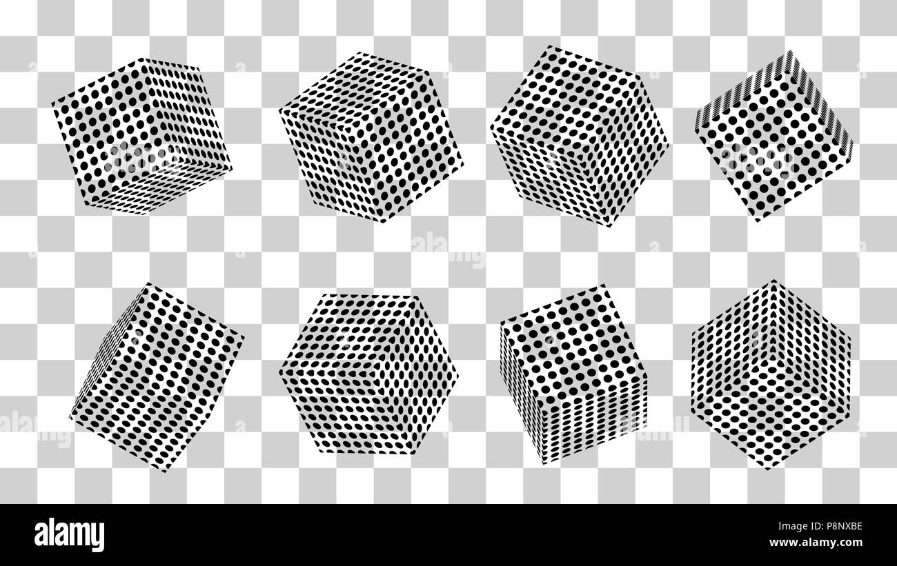 set of cubes, squares, points, black circles, 3d, white, halftone ...