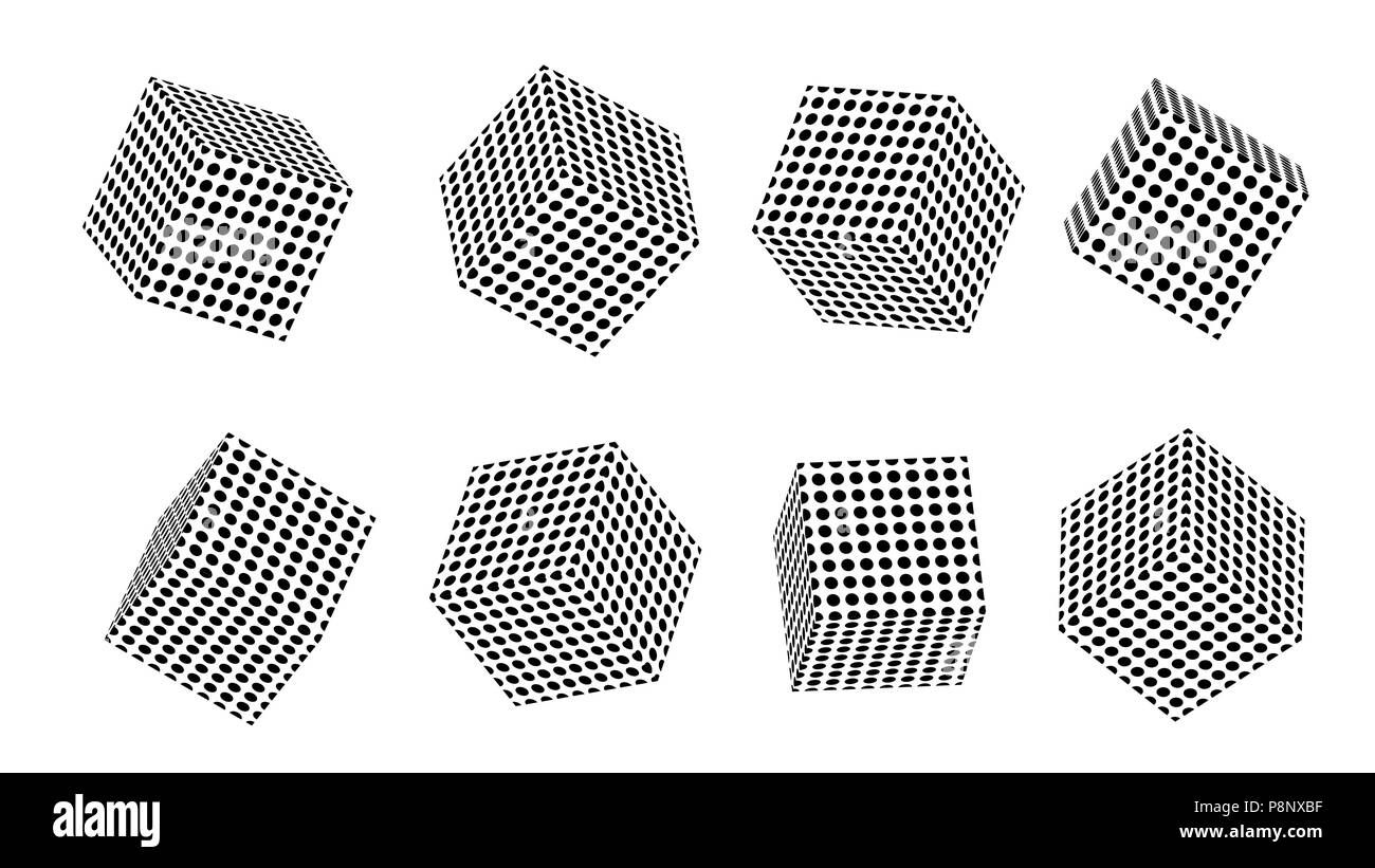 set of cubes, squares, points, black circles, 3d, white, halftone ...