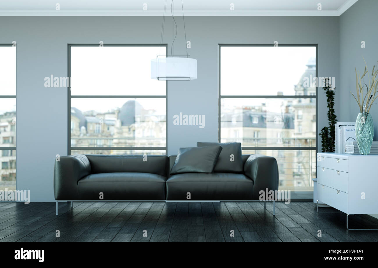 Interior design modern bright room with black sofa Stock Photo - Alamy