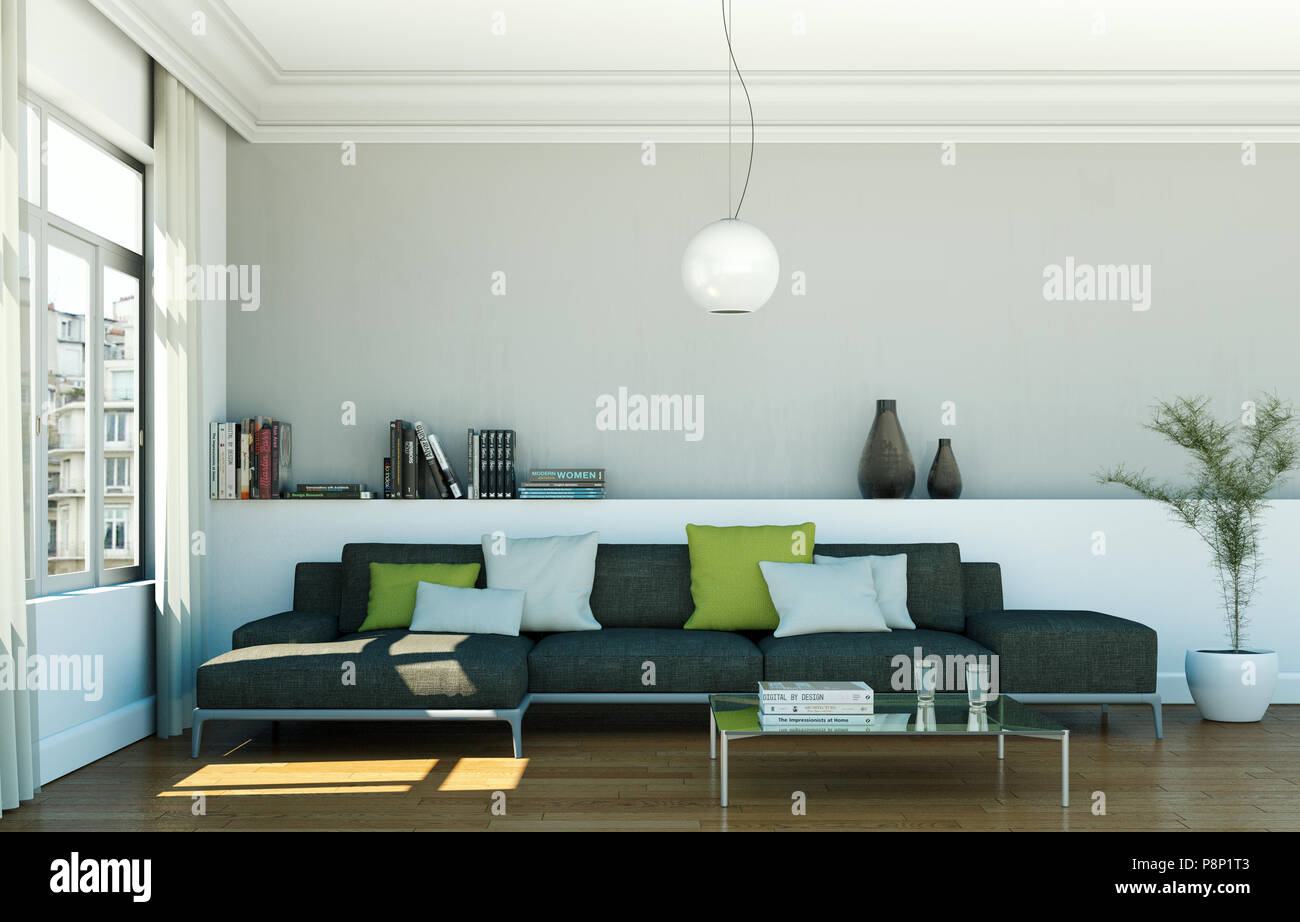 Interior design modern bright room with black sofa Stock Photo - Alamy