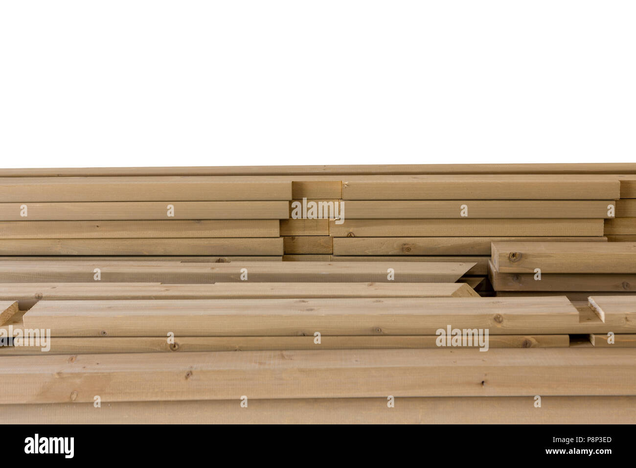 Pile of timber planks isolated against white background Stock Photo - Alamy