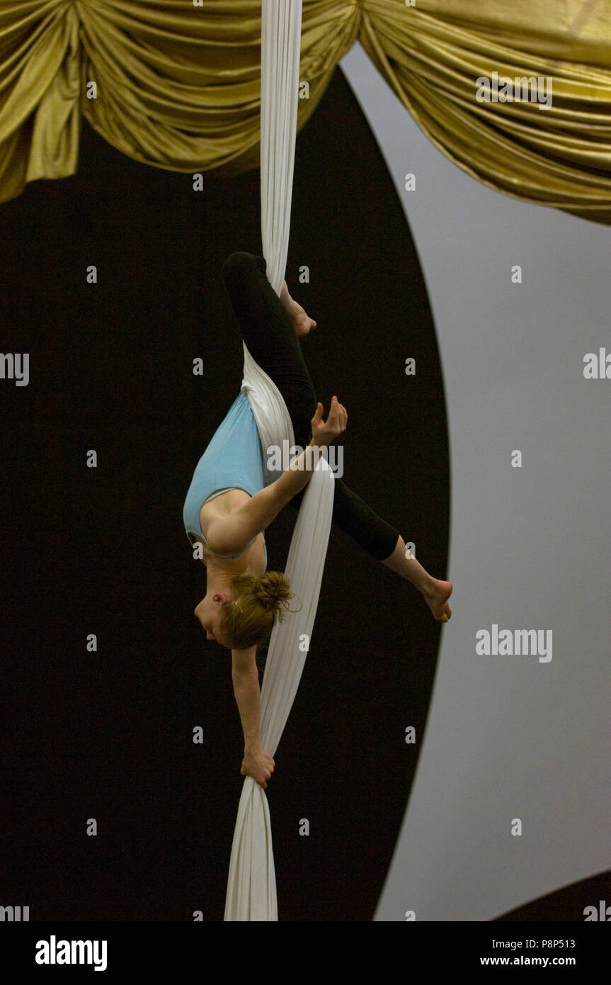 A female acrobat suspends herself upside down by wrapping aerial silks ...